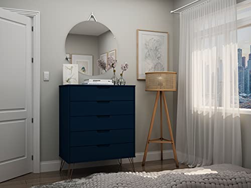 Manhattan Comfort Rockefeller Mid Century Modern 5-Drawer Tall Dresser, Tatiana Midnight Blue