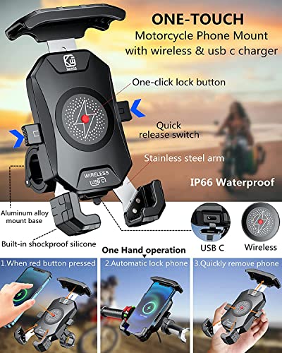 KEWIG Waterproof Motorcycle Phone Mount Qi 15W Wireless & USB C 20W Fast Chargeing Port, One-Push Automatically Lock & Quick Release Handlebar Cell Phone Holder for 4-7'' Phones