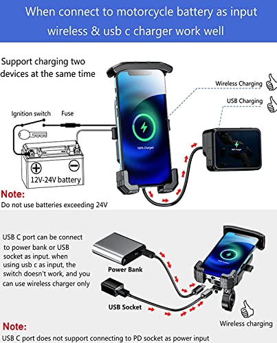 KEWIG Waterproof Motorcycle Phone Mount Qi 15W Wireless & USB C 20W Fast Chargeing Port, One-Push Automatically Lock & Quick Release Handlebar Cell Phone Holder for 4-7'' Phones