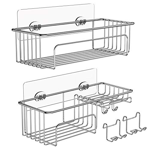 Apusu 2-Pack Shower Caddy Hanging Basket Shelf 2 Hooks,Premium Stainless Rustproof Shower Accessories, Sturdy Shower Racks In Small Shower, Sticky Shelves Wall Organizer- No Drilling, Tub Organizer