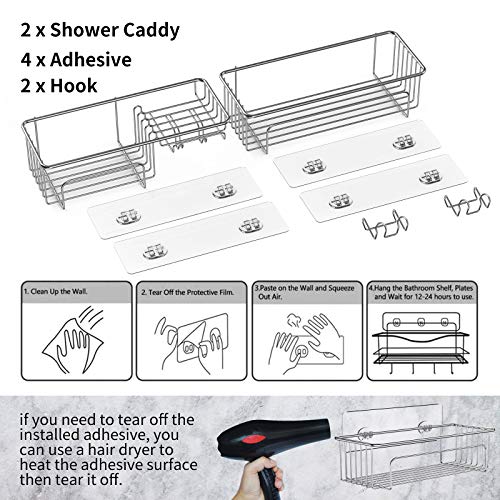 Apusu 2-Pack Shower Caddy Hanging Basket Shelf 2 Hooks,Premium Stainless Rustproof Shower Accessories, Sturdy Shower Racks In Small Shower, Sticky Shelves Wall Organizer- No Drilling, Tub Organizer