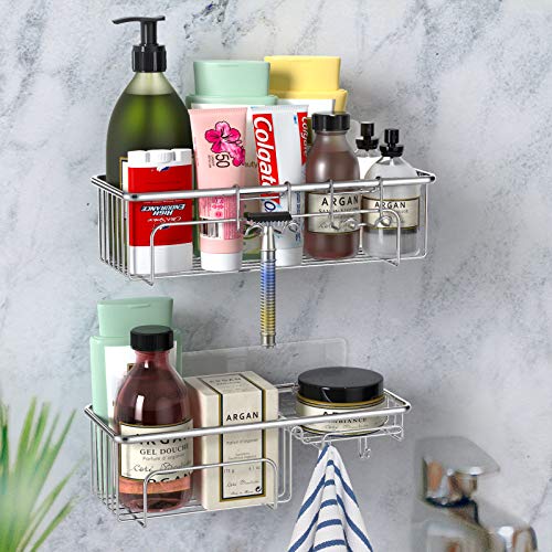 Apusu 2-Pack Shower Caddy Hanging Basket Shelf 2 Hooks,Premium Stainless Rustproof Shower Accessories, Sturdy Shower Racks In Small Shower, Sticky Shelves Wall Organizer- No Drilling, Tub Organizer