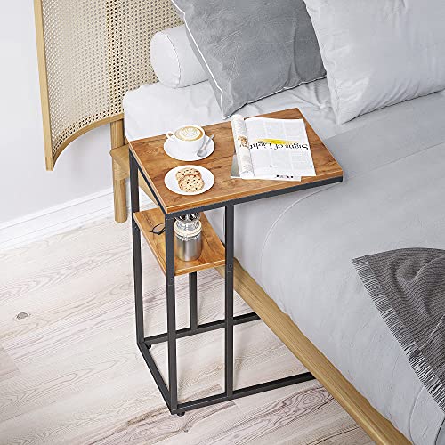 CubiCubi C Shaped End Table, Side Table for Couch and Bed, Rustic Table Living Room Bedroom, Small Table with Metal Frames, Modern Design, Fir Brown