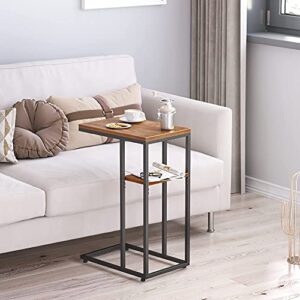 CubiCubi C Shaped End Table, Side Table for Couch and Bed, Rustic Table Living Room Bedroom, Small Table with Metal Frames, Modern Design, Fir Brown