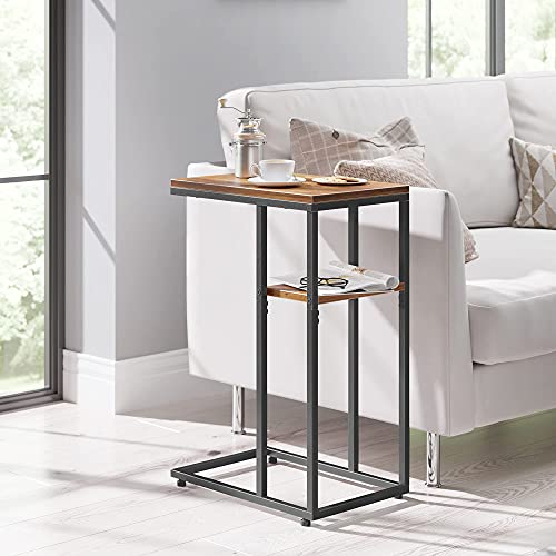 CubiCubi C Shaped End Table, Side Table for Couch and Bed, Rustic Table Living Room Bedroom, Small Table with Metal Frames, Modern Design, Fir Brown