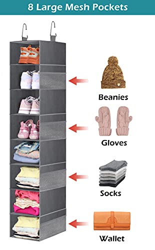 SLEEPING LAMB 8 Shelves Hanging Shoe Rack Wider Shoe Hanger Organizer for Closet Storage Clothes, Hats, Handbags, with 8 Mesh Pockets, Grey