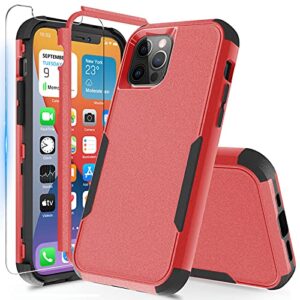 huness case for iphone 12 pro case & iphone 12 case + tempered glass screen protector heavy duty protection shockproof drop proof 3 in 1 commuter case - red