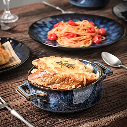 vicrays Ceramic Soup Bowls with Handles, 24 Oz Porcelain Soup Crocks for French Onion Soup, Cereal, Beef Stew, Chill, Pasta, Pot Pies, Microwave and Oven Safe, Set of 4 (Blue)