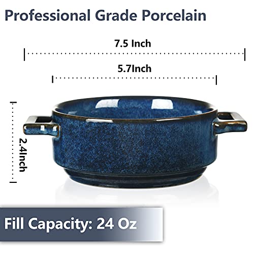 vicrays Ceramic Soup Bowls with Handles, 24 Oz Porcelain Soup Crocks for French Onion Soup, Cereal, Beef Stew, Chill, Pasta, Pot Pies, Microwave and Oven Safe, Set of 4 (Blue)