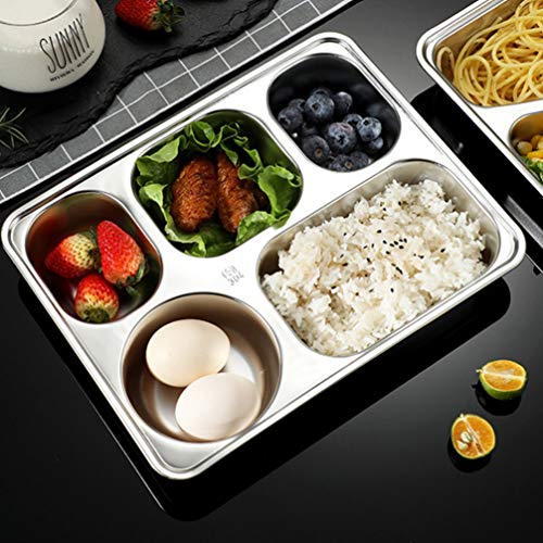 DOITOOL Stainless Steel Divided Plate for Adults or Kids, Rectangular 5 Sections Divided Tray for Serving Food (with Lids)