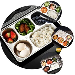 DOITOOL Stainless Steel Divided Plate for Adults or Kids, Rectangular 5 Sections Divided Tray for Serving Food (with Lids)