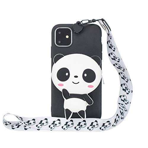 Girlyard for iPhone 12 / iPhone 12 Pro 6.1 Inch Silicone Case with 3D Cartoon Animal Zipper Wallet Purse Holder Back Cover and Long Detachable Lanyard Strap Phone Case for Kids Girls, Black Panda