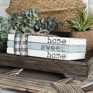 Wooden Rustic Decorative Books with Wood Bead Garland | Farmhouse Coffee Table Decor | Faux Fake Books for Living Room Kitchen End Table & Bookshelf Wall Decorations | Home Sweet Home Sign - Blue