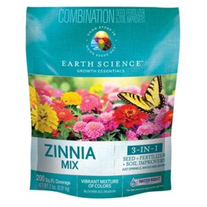 zinnia mix from earth science (2 lb), 3-in-1 mix with premium wildflower seed, plant food and soil conditioners, non-gmo