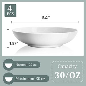 Yedio Pasta Bowls, 30 Ounces Porcelain Salad Bowls for Kitchen, Shallow Pasta Bowls Set, White Pasta Bowls, Microwave Dishwasher Safe, Set of 4