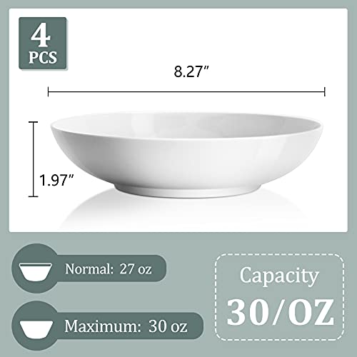 Yedio Pasta Bowls, 30 Ounces Porcelain Salad Bowls for Kitchen, Shallow Pasta Bowls Set, White Pasta Bowls, Microwave Dishwasher Safe, Set of 4