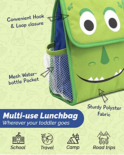 JOY2B Kids Lunch Bag - Insulated Dino Lunch Bag Kids with Water Bottle Holder - Reusable Snack Bags for Boys and Girls, Dinosaur Lunch Box Kids Perfect for School Camp Travel - Daring Dinosaur