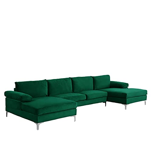 Sofamania Modern Large Velvet Fabric U-Shape Sectional Sofa, Double Extra Wide Chaise Lounge Couch, Green