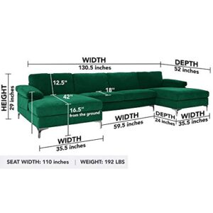 Sofamania Modern Large Velvet Fabric U-Shape Sectional Sofa, Double Extra Wide Chaise Lounge Couch, Green