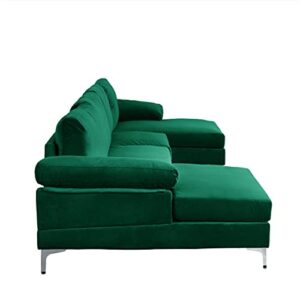 Sofamania Modern Large Velvet Fabric U-Shape Sectional Sofa, Double Extra Wide Chaise Lounge Couch, Green