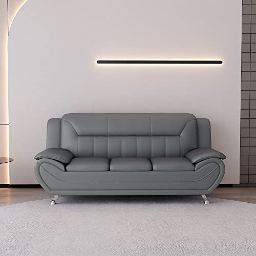 Container Furniture Direct Michael Modern Faux Leather Upholstered Stainless Steel Legs Living Room, Sofa, Sleek Gray