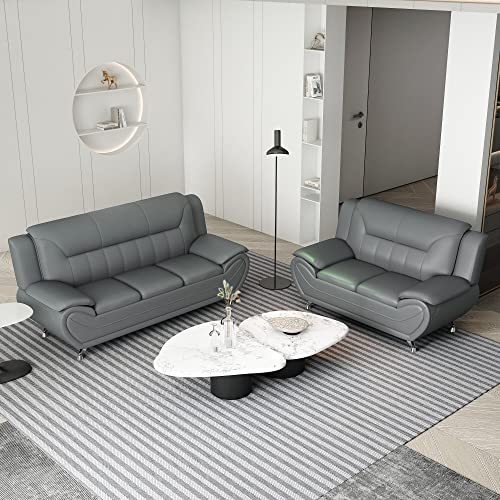 Container Furniture Direct Michael Modern Faux Leather Upholstered Stainless Steel Legs Living Room, Sofa, Sleek Gray