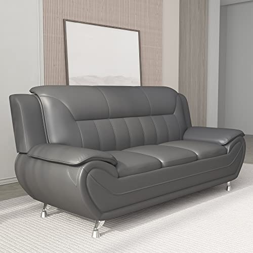 Container Furniture Direct Michael Modern Faux Leather Upholstered Stainless Steel Legs Living Room, Sofa, Sleek Gray