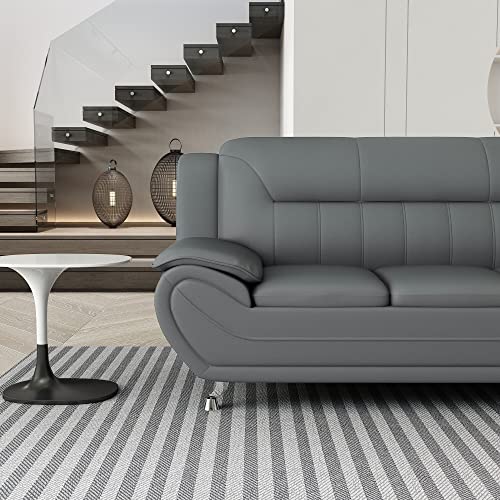 Container Furniture Direct Michael Modern Faux Leather Upholstered Stainless Steel Legs Living Room, Sofa, Sleek Gray