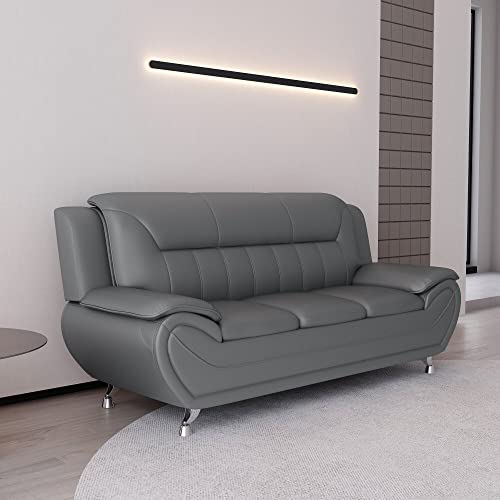 Container Furniture Direct Michael Modern Faux Leather Upholstered Stainless Steel Legs Living Room, Sofa, Sleek Gray