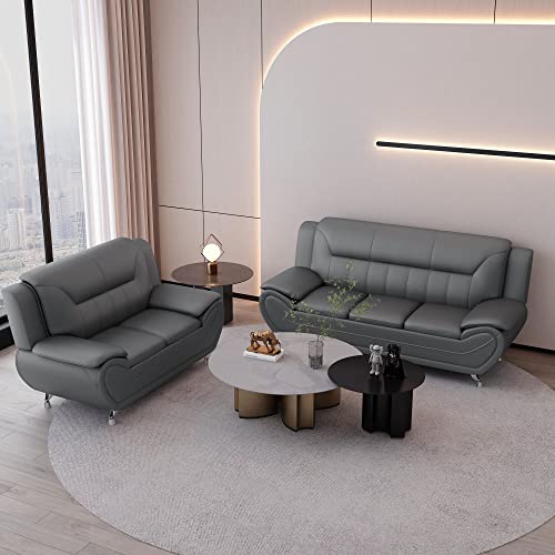 Container Furniture Direct Michael Modern Faux Leather Upholstered Stainless Steel Legs Living Room, Sofa, Sleek Gray