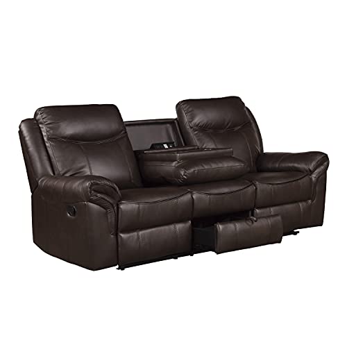 Lexicon Braelyn Faux Leather Double Reclining Sofa with Center Drop-Down Cup Holders, Receptacles, Hidden Drawer and USB Ports, 88.5" W, Dark Brown