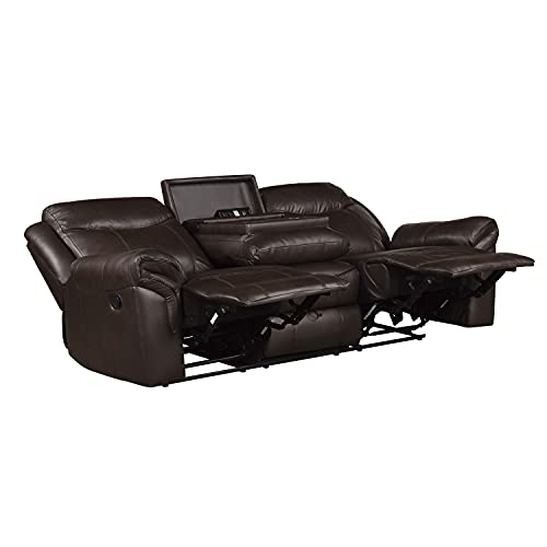 Lexicon Braelyn Faux Leather Double Reclining Sofa with Center Drop-Down Cup Holders, Receptacles, Hidden Drawer and USB Ports, 88.5" W, Dark Brown