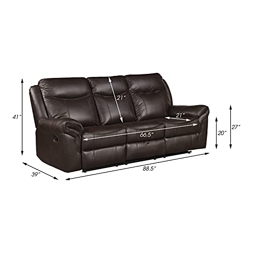 Lexicon Braelyn Faux Leather Double Reclining Sofa with Center Drop-Down Cup Holders, Receptacles, Hidden Drawer and USB Ports, 88.5" W, Dark Brown