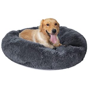 round dog beds for large dogs washable shag faux fur donut cuddler 48 inches - primarily calming anti anxiety soft warm pet bed for large dogs up to 150 pounds