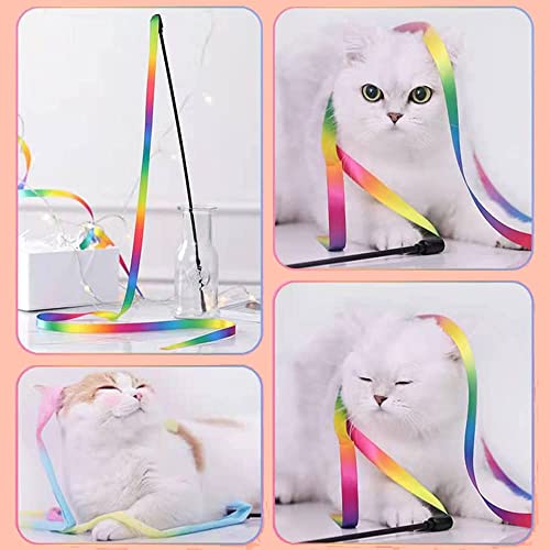 LASOCUHOO Interactive Cat Rainbow Wand Toys, Interactive Cat Teaser Wand String, Colorful Ribbon Charmer for Kittens - 2 PCS