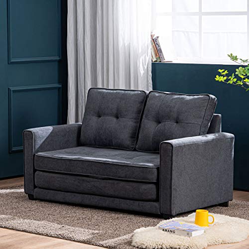 MELLCOM Modern Sofa Bed Mid-Century Upholstered Fabric Loveseat Sofa Folding Recliner Lounge Futon Couch for Living Room with 2 Throw Cushions,Grey