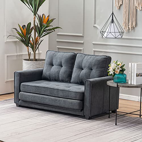 MELLCOM Modern Sofa Bed Mid-Century Upholstered Fabric Loveseat Sofa Folding Recliner Lounge Futon Couch for Living Room with 2 Throw Cushions,Grey