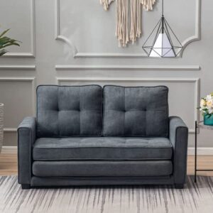 MELLCOM Modern Sofa Bed Mid-Century Upholstered Fabric Loveseat Sofa Folding Recliner Lounge Futon Couch for Living Room with 2 Throw Cushions,Grey