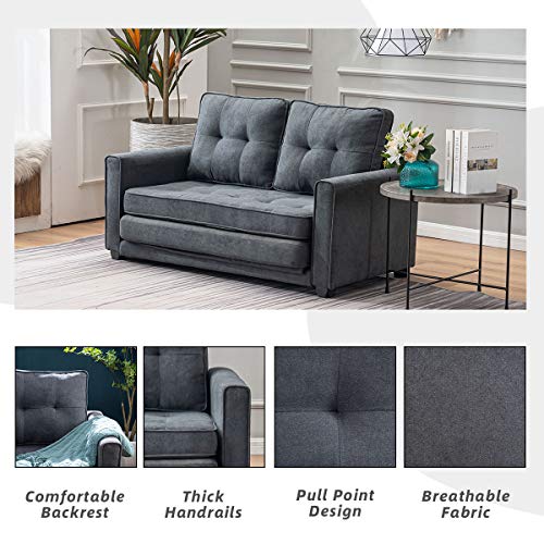 MELLCOM Modern Sofa Bed Mid-Century Upholstered Fabric Loveseat Sofa Folding Recliner Lounge Futon Couch for Living Room with 2 Throw Cushions,Grey