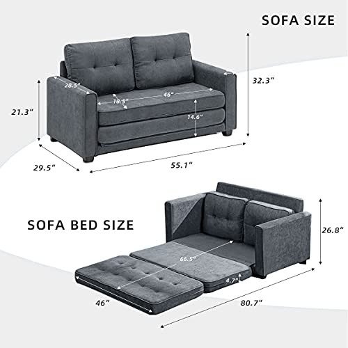 MELLCOM Modern Sofa Bed Mid-Century Upholstered Fabric Loveseat Sofa Folding Recliner Lounge Futon Couch for Living Room with 2 Throw Cushions,Grey