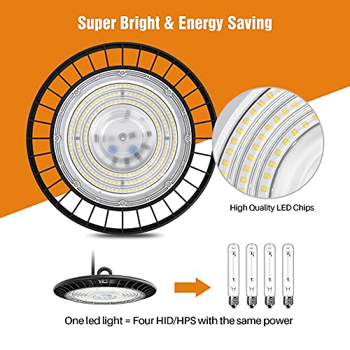 CT CAPETRONIX High Bay LED Shop Lights 100W 5000K 110V 250W HID/HPS Equivalent 13,000LM, 5’ Cable with 110V Plug, Hanging Hook, 120° Beam Angle, CRI>80 LED High Bay Light for Gym Garage Shop