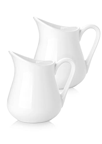 Nucookery 2 Pack (4 Oz) Classic White Fine Porcelain Creamer with Handle,Small Creamer Pitcher Set For Sauces Salad Coffee Milk More,Microwave & Freezer Safe (4-Ounce, Set/2)