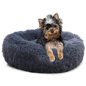 calming dog bed for small dogs washable bed for dogs with anxiety,small donut cuddler dog bed self warming 20 inch,small round soft fluffy grey faux fur dog bed for dogs under 10 lb