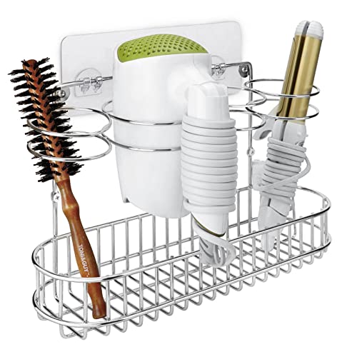 FANGSUN Wall Mount Hair Tool Organizer Holder, Adhesive Blow Dryer Rack, Hair Dryer & Curling Iron Holder, Metal Wire Bathroom Cabinet Storage Basket for Hot Tools, Straightener, Chrome, Silver