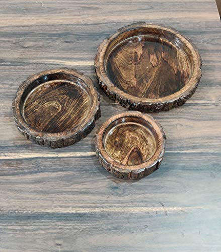 Handmade Wooden Classic Tray Platter With Tree Bark Vintage Display Serving Plat Platter (Pack of 3)