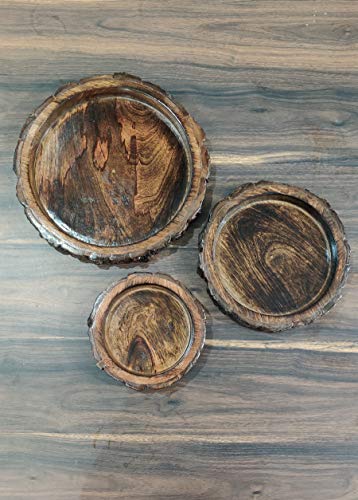 Handmade Wooden Classic Tray Platter With Tree Bark Vintage Display Serving Plat Platter (Pack of 3)