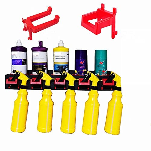 DALLYOUGU Spray Bottle Rack Storage,Spray Bottle Holder Wall Mount, Spray Storage Rack Organizer Aerosol Can Rack Organizer With 5 Holes And 5 Plastic Hanging Hooks Cleaning Detailing Tools Hanger