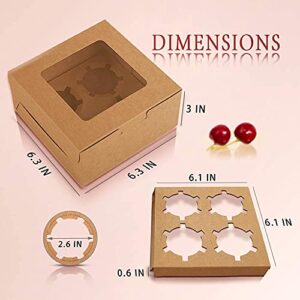 50 PCS Cupcake Boxes with Window & Insert - OAMCEG 6x6x3 Inch Kraft Cookie Containers 4 Cavity Bakery Pastry Cake Dessert Treat Boxes for Packaging, Cupcake Carrier Holders with Stickers & Jute Twine