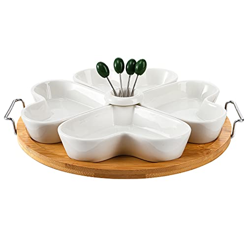 ZEAYEA Appetizer Serving Tray with Bamboo Holder, Ceramic Divided Serving Platter with Food Picks, Relish Tray for Chips and Dip, Veggies, Candy and Snacks, Parties, White