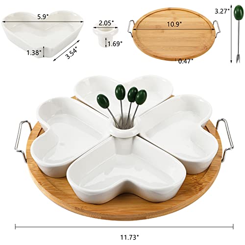 ZEAYEA Appetizer Serving Tray with Bamboo Holder, Ceramic Divided Serving Platter with Food Picks, Relish Tray for Chips and Dip, Veggies, Candy and Snacks, Parties, White